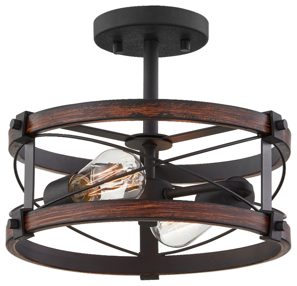 15" W 2-Light Black Vintage Rustic Semi-Flush Mount Ceiling Light ...