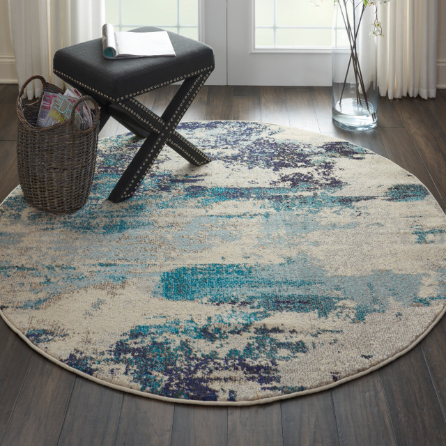 Nourison Celestial CES02 Ivory/Teal Blue Area Rug, Round 4' x 4 ...