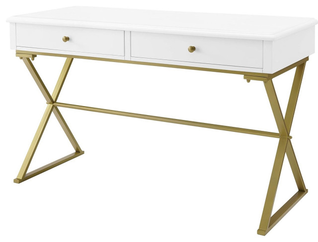 Contemporary Desk with X-Shaped Legs and 2 Storage Drawers, White/Brass ...