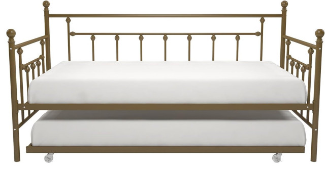 Gold Metal Twin Daybed with Trundle, Slatted Headboard, Armrest ...