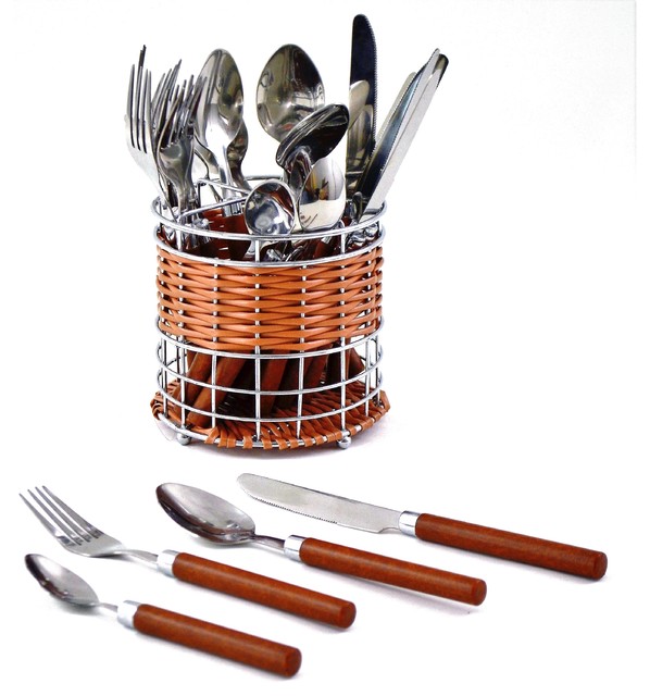Flatware Set of Stainless Steel with Wood Finish Design Handles and ...