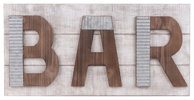 Wood Rectangular Wall Art with Metal Outlined Alphabet "BAR", Brown ...