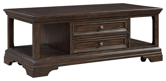 Traditional Coffee Table, Crown Molded Top With 2 Drawers & 2 Shelves ...