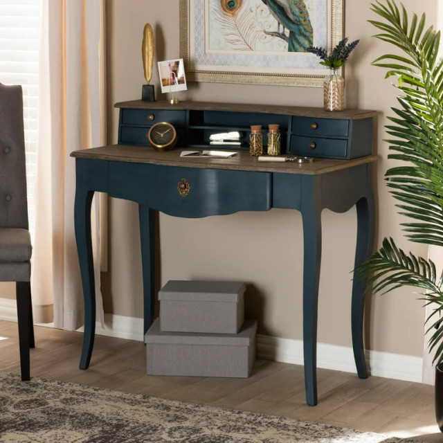 French Country Desk, Oak Finished Top With Low Storage Hutch ...