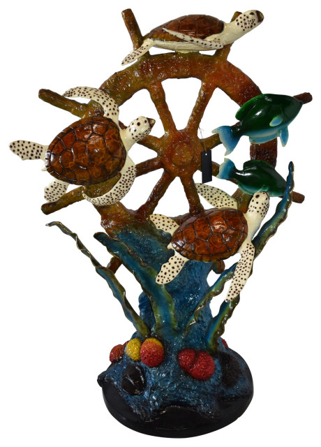 Sunken Nautical Wheel with Sea Creatures Bronze Statue Size: 39" x 23 ...