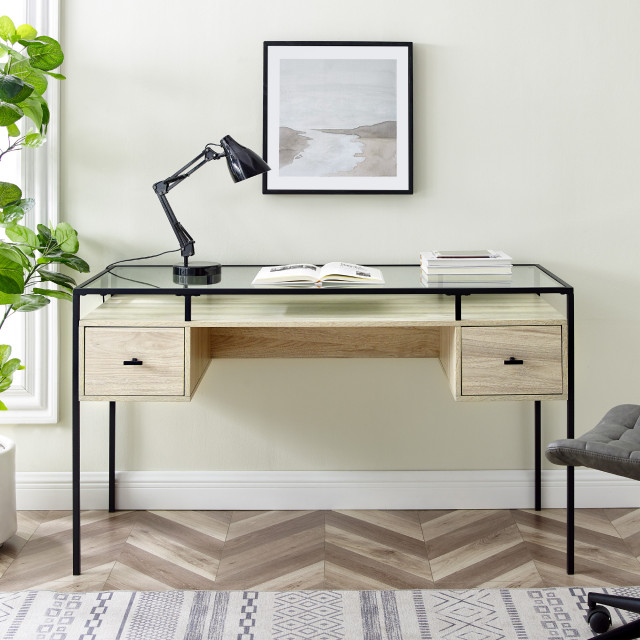 Contemporary 56" Glass Top 2-Tier Executive Desk, Birch - Contemporary ...