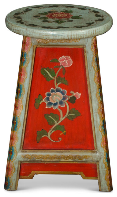 Distressed Light Teal and Red Tibetan Stool With Drawers - Asian ...