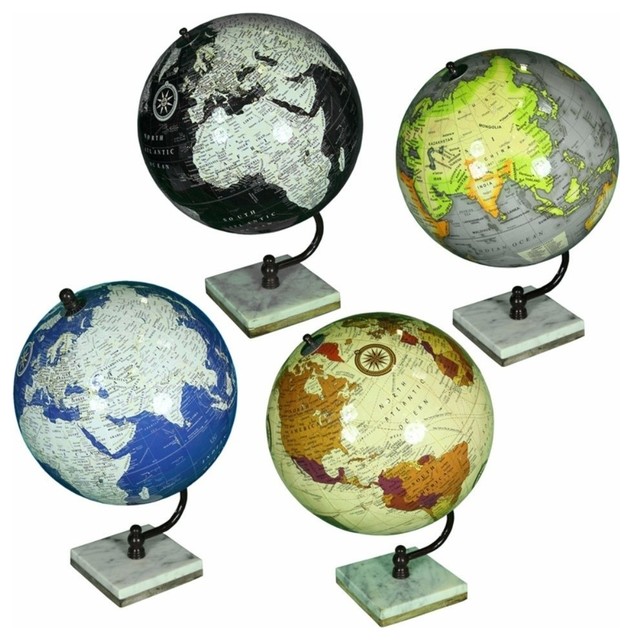 Assortment Of 4 Globe On Marble & Wooden Square Base, Multicolor ...