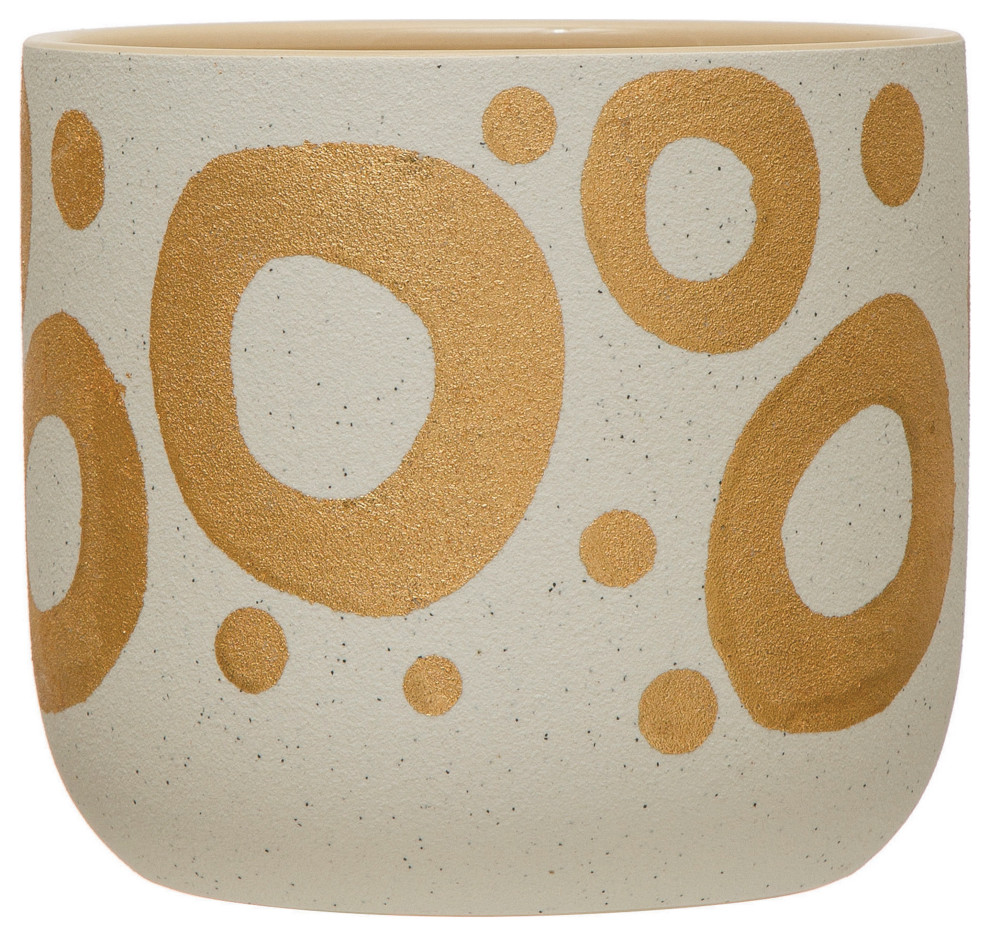 Hand-Painted Stoneware Planter with Gold Design, White (Holds 5" Pot ...