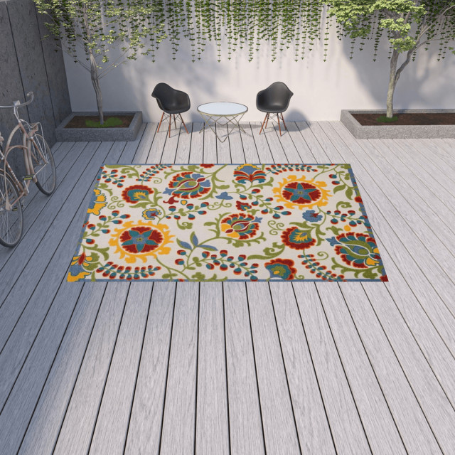 10' X 13' Ivory Toile Non Skid Indoor Outdoor Area Rug - Contemporary ...