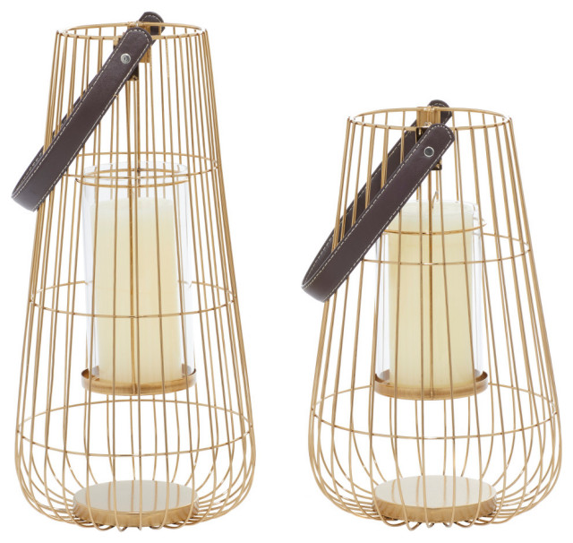 Set of 2 Gold Metal Contemporary Lantern , 16", 13" - Contemporary ...
