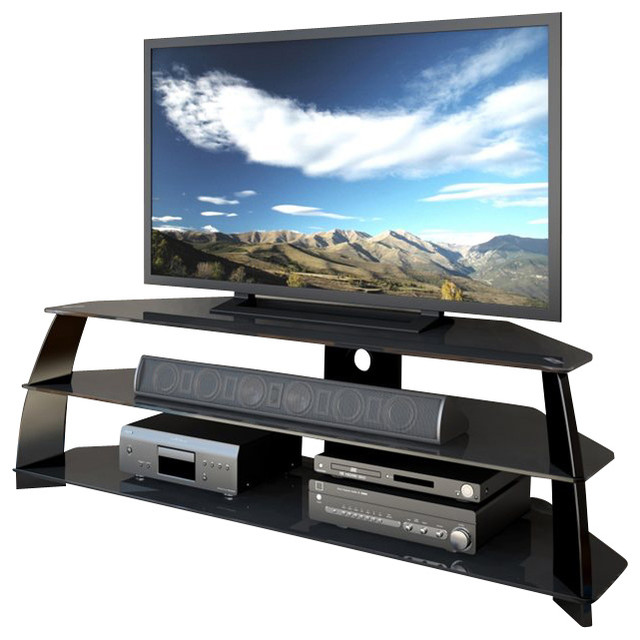 CorLiving Taylor Extra Wide Glossy Black TV Stand with Glass Shelves ...