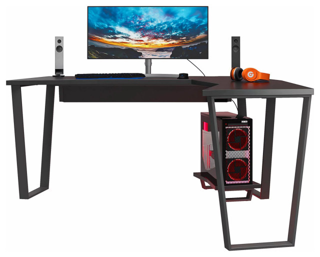Modern Gaming Desk, Metal Frame With Large L-Shaped Top & Floor CPU ...