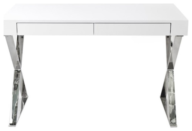Pemberly Row Modern Gloss Lacquer & High Polished Steel Metal Desk in ...