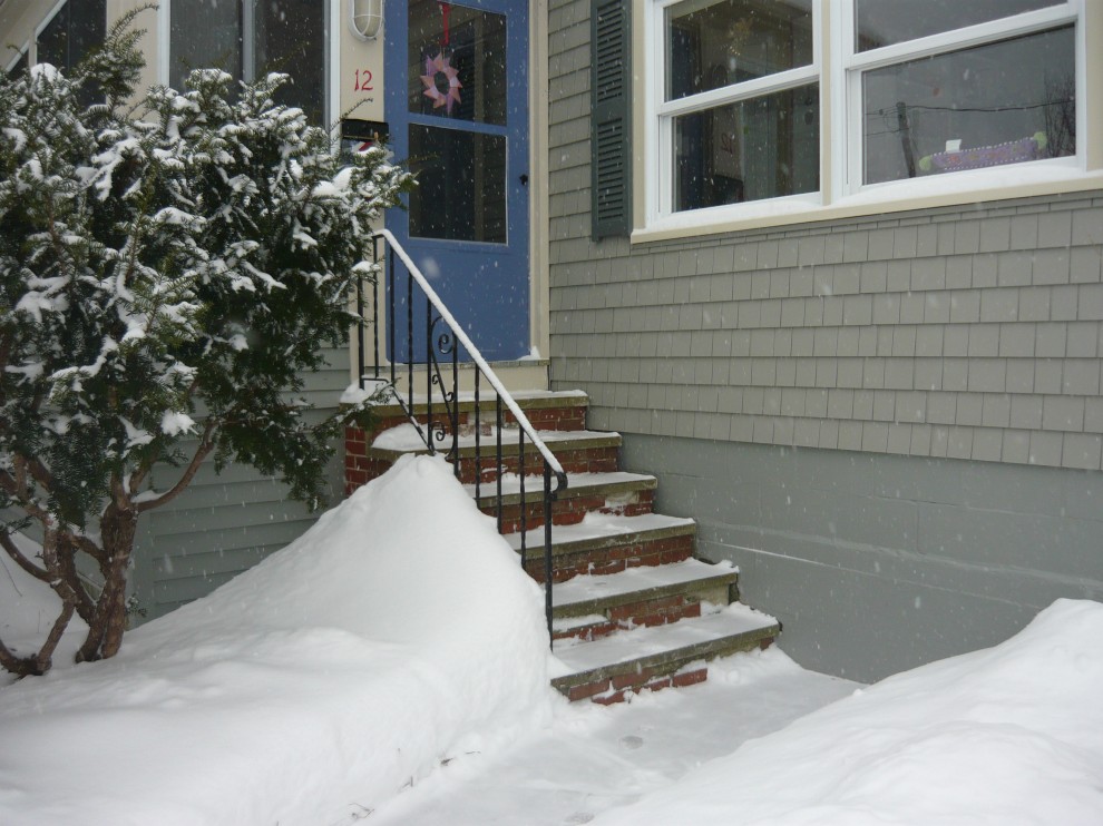 I am looking for ideas for front steps. Narrow concrete walk with old ...