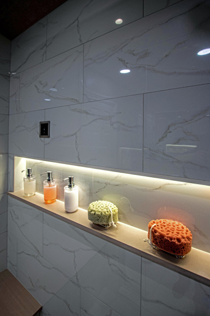 Spa Bath with Tile Steam Shower, Walnut Cabinetry and Solid Surface ...