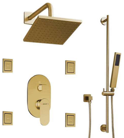 Bravat Brushed Gold Square Shower Set, Valve Mixer 3-Way Concealed Wall ...