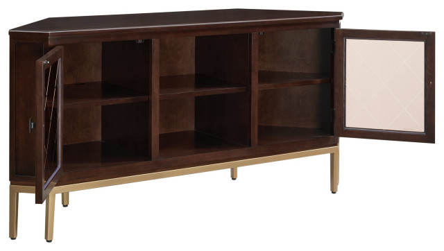 Corner TV Stand, Chocolate and Gold, Metal Base, Enclosed Storage for ...