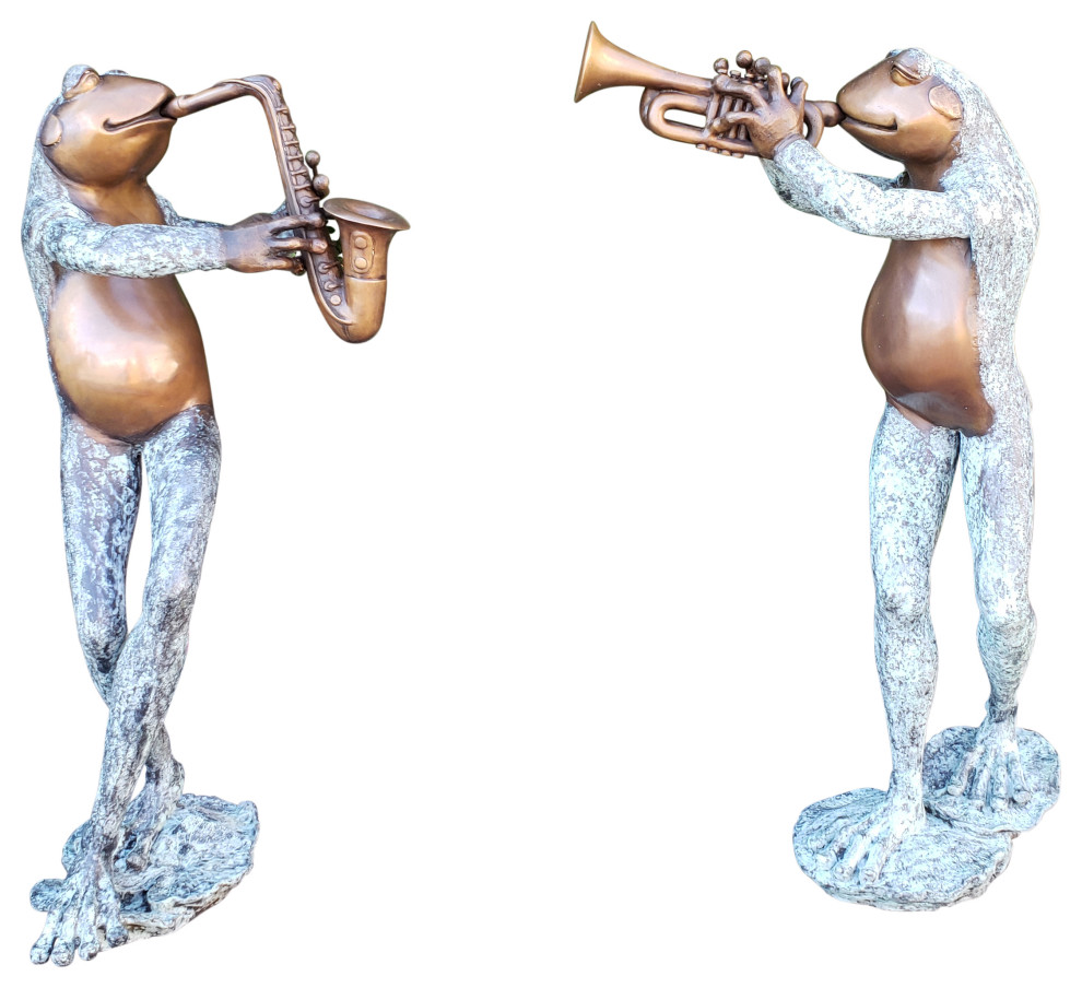 Pair of Musical Frogs Playing Instruments Bronze Statue Size: 16" x 13 ...