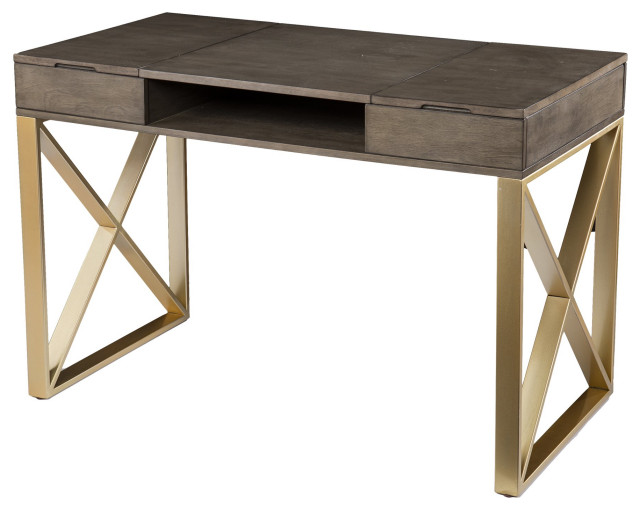 Transitional Desk, X-Shaped Accented Golden Legs & 2 Lift Up ...
