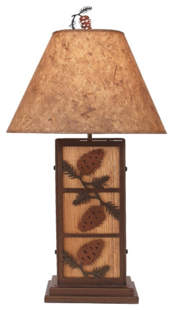 Woodland Iron and Stained Wood Table Lamp With Pine Cone Accents ...