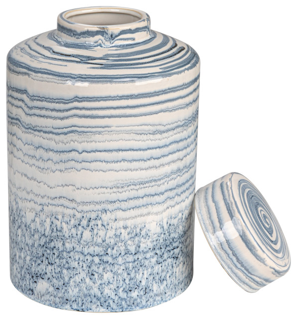Tall Stoneware Striped Ginger Jar With Reactive Glaze, Blue and White ...