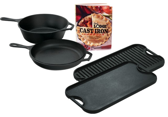 Lodge Logic 3 Piece Seasoned Cast Iron Cookware Set with Cookbook ...