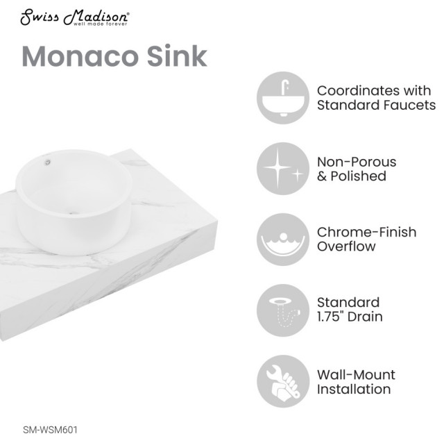Monaco 36" Floating Bathroom Shelf With Vessel Sink, White Marble, 24 x 22 - Contemporary ...