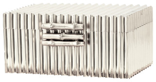 Luxe Ribbed Silver Metal Decorative Box Bamboo Handle 9" Solid Brass ...