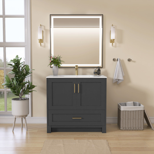 36'' Free Standing Dark Gray Bathroom Vanity with Solid Surface Top ...