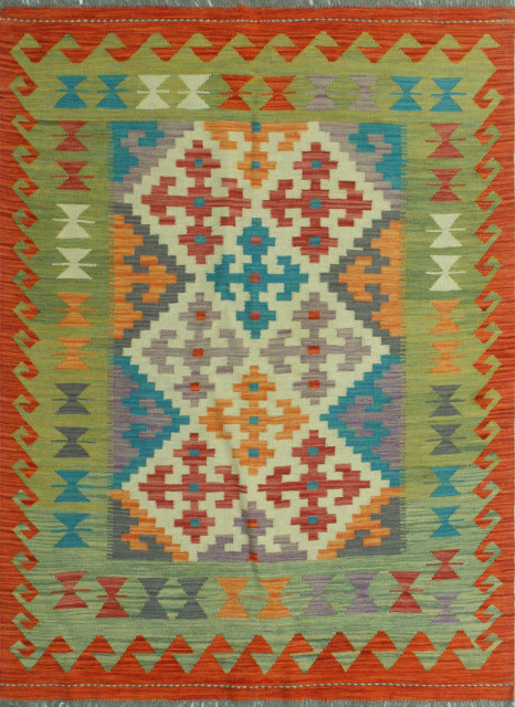Sangat Kilim Norvyn Ivory/Blue Rug, 4'4x5'10, 4'4x5'10 - Southwestern ...