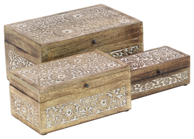 Coastal Brown Mango Wood Box Set 30988, S/3 8", 10", 12"W - French ...