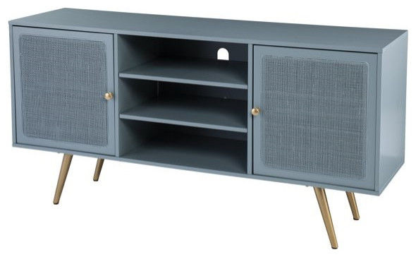Blue TV Stand with Angled Gold Legs and Rattan Front Doors for TVs up ...