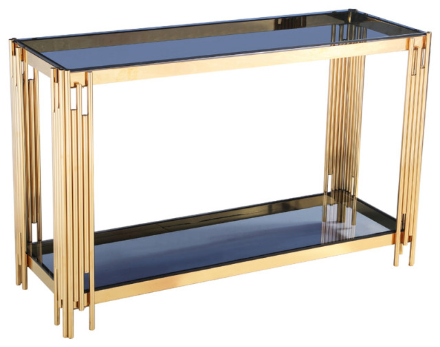 Rectangular Console Table W Smoked Glass Top and Metal Pipe Frame, Gold ...