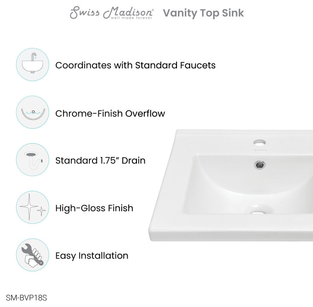 Swiss Madison 18" Ceramic Square Vanity Sink Top - Beach Style ...