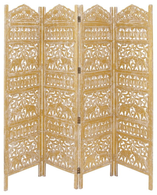 Traditional Room Divider, Mango Wood Frame With Elephant Carved Details ...