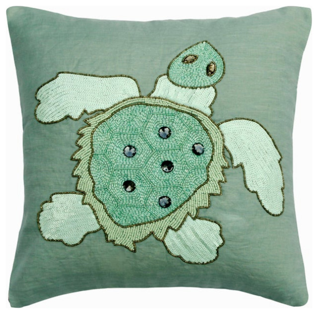 Decorative Turtle Embroidered Dull Blue Linen Pillow Covers, Turtle ...