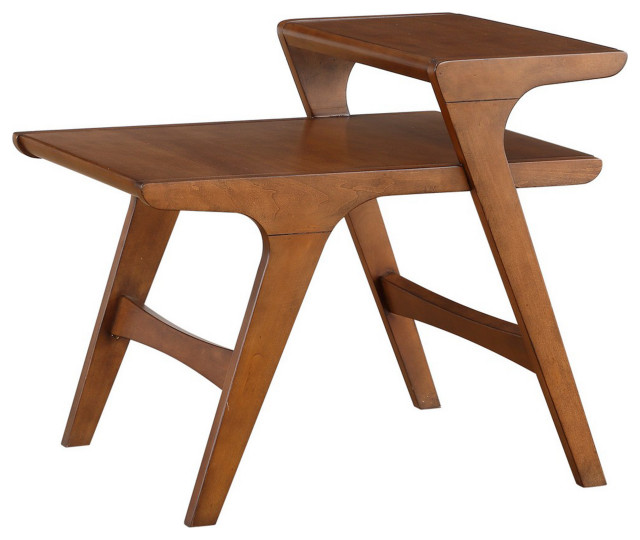 Mid Century 2 Tier Wooden End Table with Tapered Flared Legs, Walnut ...