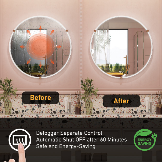 32" Round Framed LED Mirror with Defogger, Light Temperature Adjustable ...