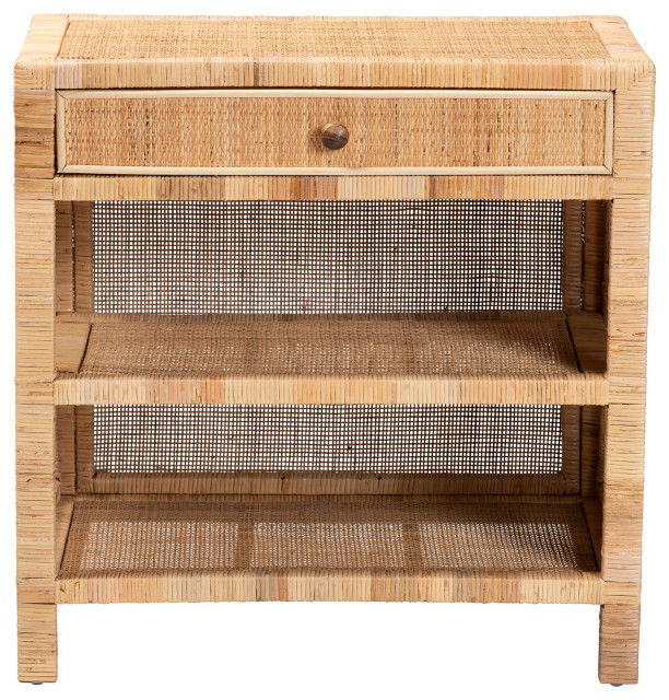 Bella Natural Brown Mahogany Wood and Natural Rattan 1-Drawer Console Table - Tropical - Console ...