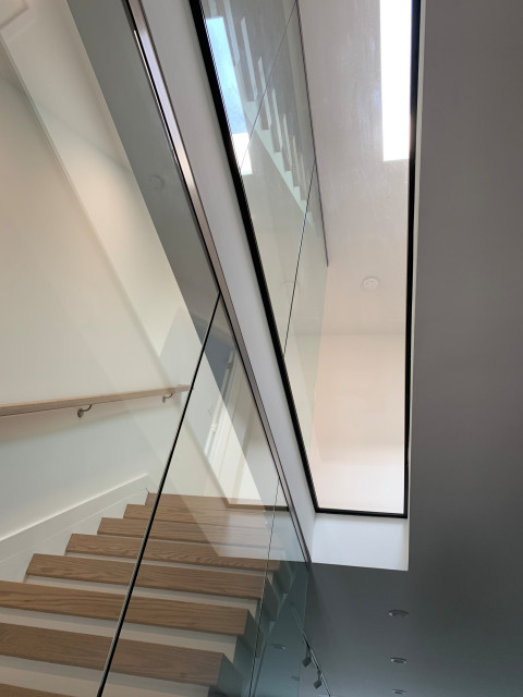 Two-Story glass stairwell wall with glass floor - Contemporary ...