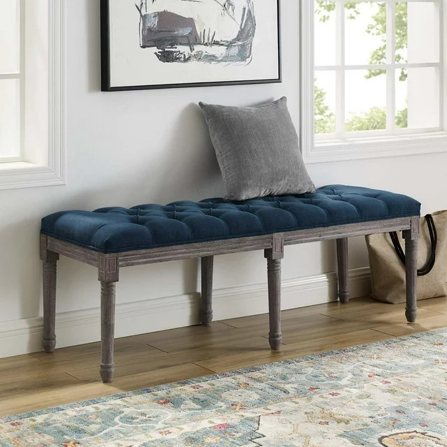 French Vintage Upholstered Fabric Bench with Deep Tufted Seat, Wooden ...