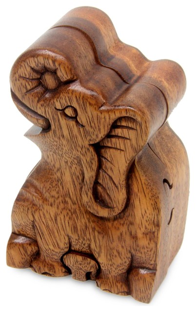 Wood Puzzle Box, 'Elephant Secret', Indonesia - Tropical - Decorative ...