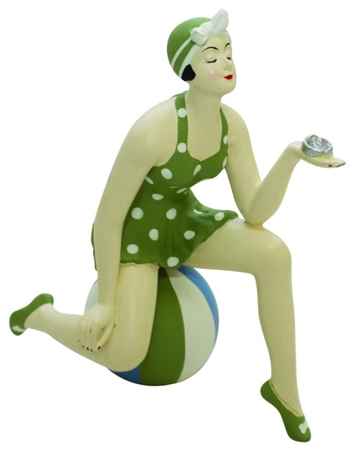 Retro Bathing Beauty Figurine, Swim Suit Beach Ball Kneeling Green ...