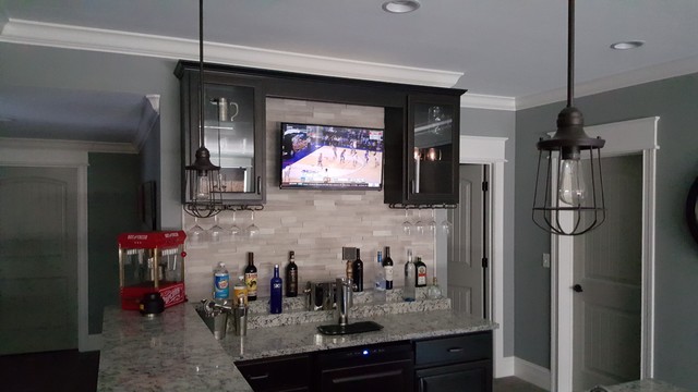 Westfield, IN - 32" Panel TV above Basement Bar - Modern - Home Bar ...