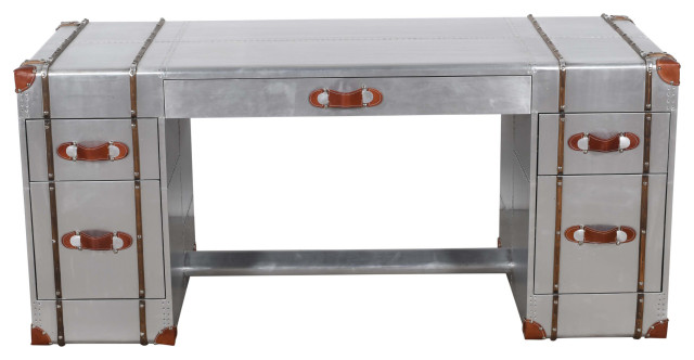 Pilot Executive Desk With Silver Aluminum Cladding and Leather Accents ...