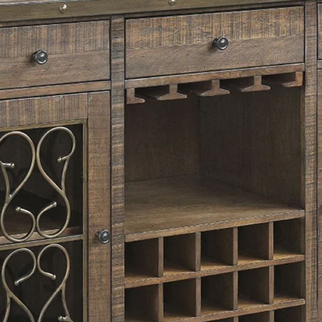 Benzara BM275677 Wood Sideboard Wine Bar Cabinet, Metal Scroll, Rustic ...