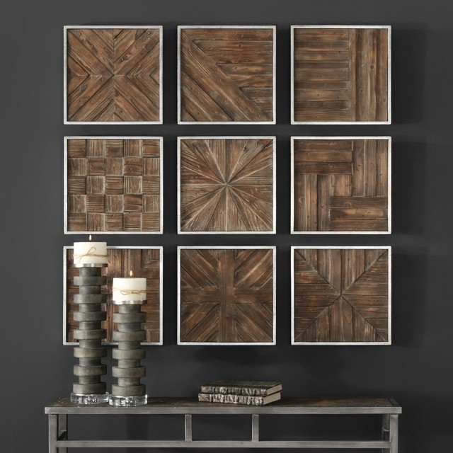 Rustic Wood Panel Wall Art Collage, Set of 9 Square Midcentury Modern ...