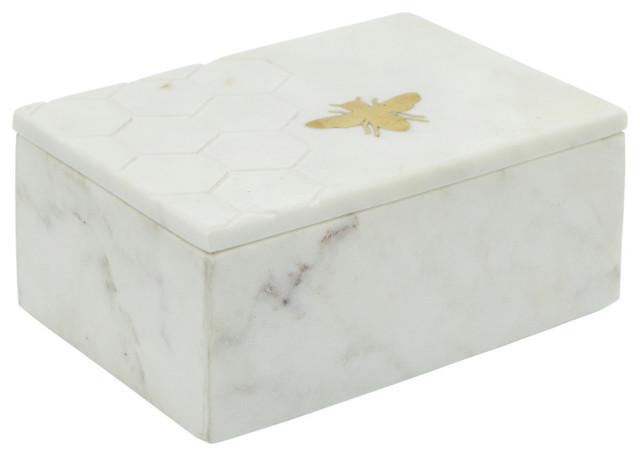 Marble 7x5 Marble Box With Bee Accent White - Contemporary - Decorative ...