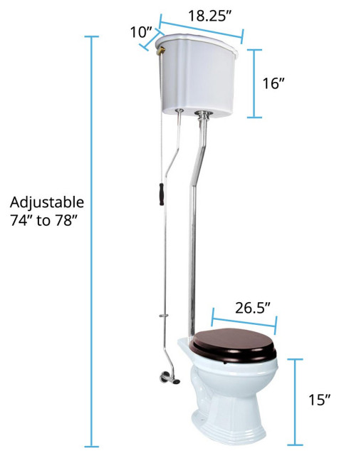 White High Tank Pull Chain Toilet Round Bowl with Chrome L-Pipe ...